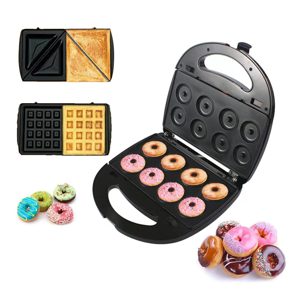 Baotkere Donut Maker, 3 in 1 Electric Waffles Sandwich Machine,Panini Press Grill Iron Set with 3 interchangeable Removable Non Stick Plates,750W Detachable Dessert Toaster, Perfect for Breakfast