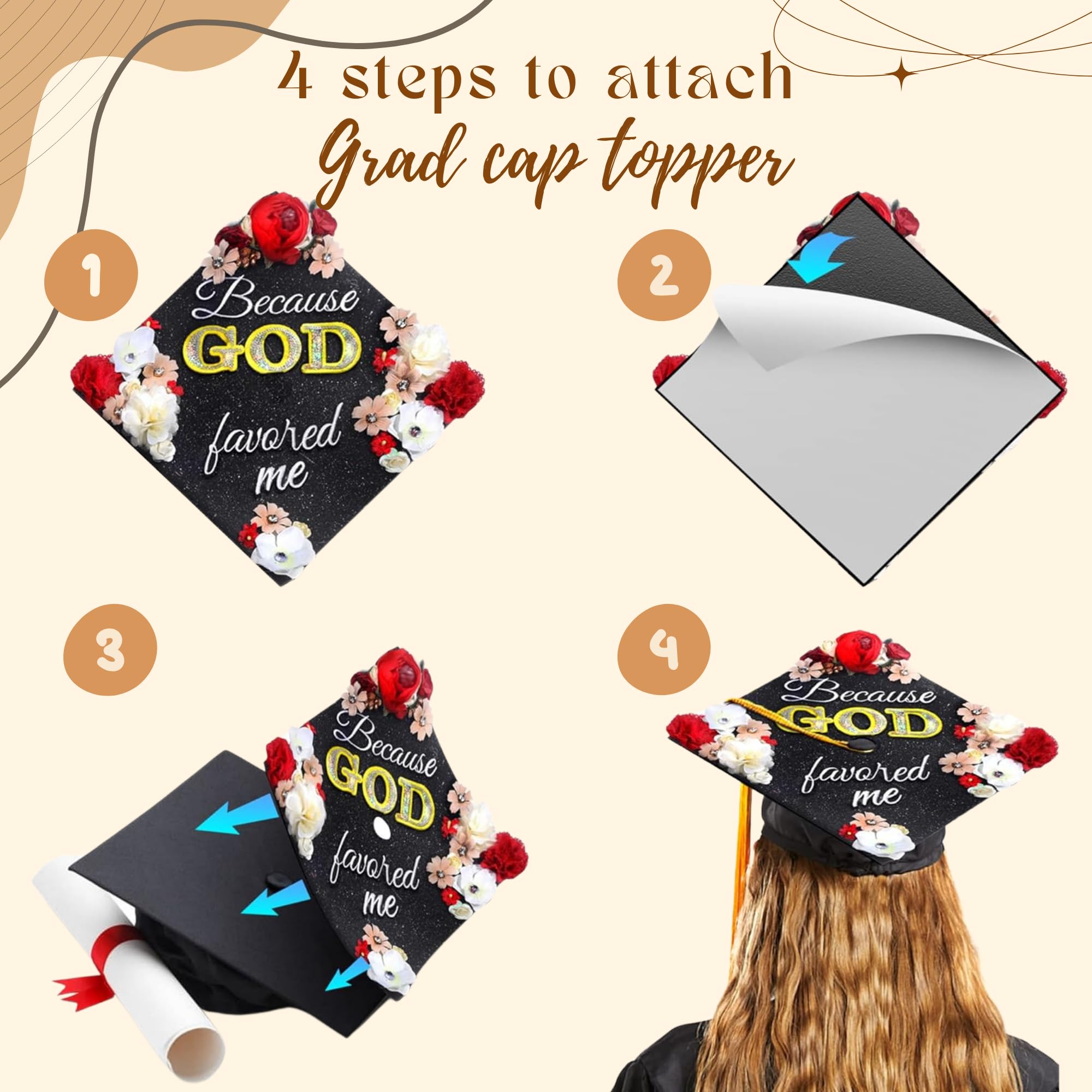 GRADWYSE Black Glitter Graduation Cap Topper with Flowers, Graduation Cap Decorations, Class of 2024 Grad Cap Topper, Now Hotter by One Degree