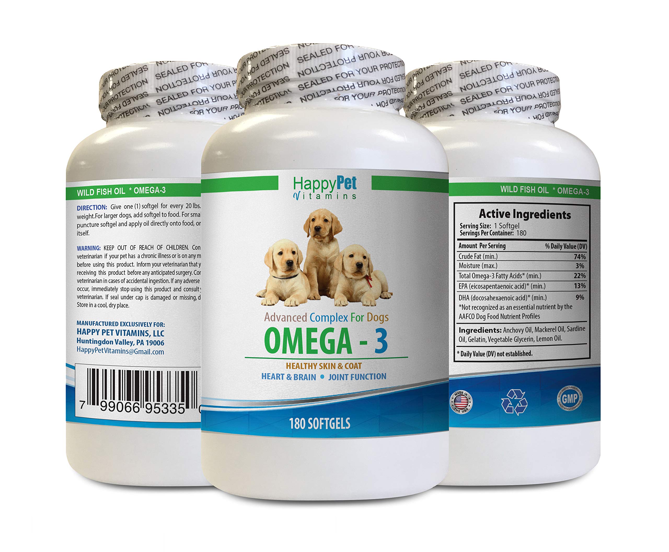 HAPPY PET VITAMINS LLC Dog Allergy and Itch Relief - Dog Omega 3 - Healthy Skin Coat and Joints - Brain and Heart Health - Allergy Relief - Dog Omega 3-1 Bottle (180 Softgels)