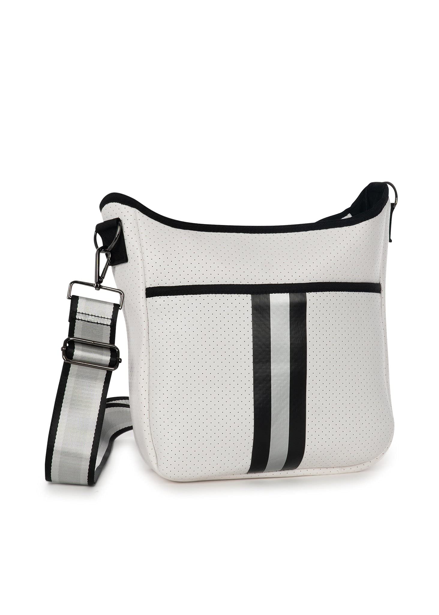 Blake New Midtown Cross Body by Haute Shore White WBlack and Silver Stripe