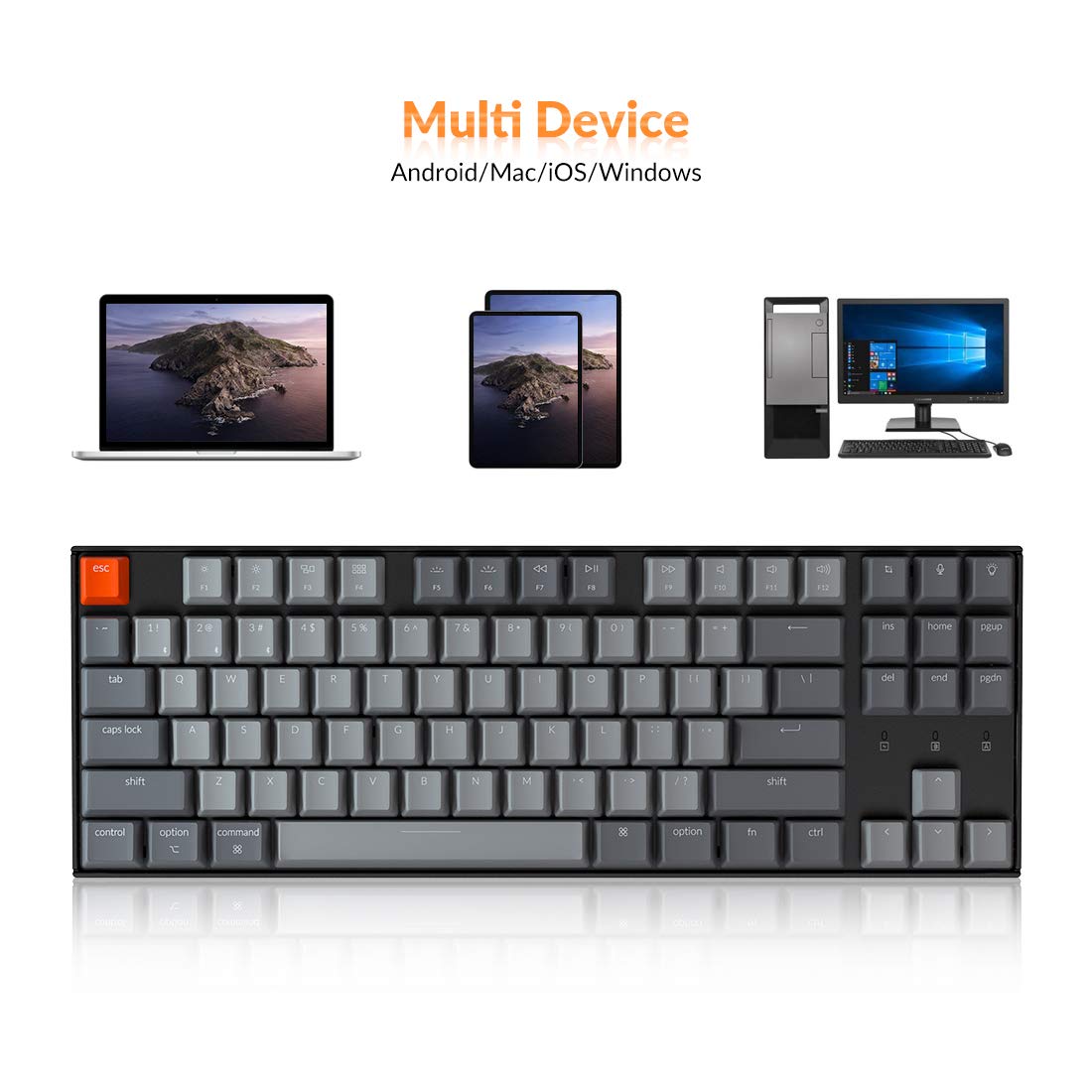 Keychron K8 Hot-swappable Wireless Bluetooth 5.1/Wired USB Mechanical Gaming Keyboard, Tenkeyless 87 Keys Computer Keyboard with Gateron G Pro Blue Switch RGB Backlight N-Key Rollover for Mac Windows