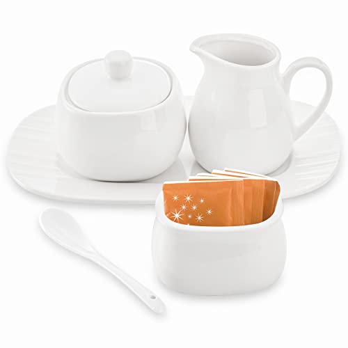 Dicunoy Set of 4 Sugar and Creamer Set, Small Creamer Pitcher with Handle, Sugar Bowl with Lid, Spoon and Tray, White Ceramic Sweetener Packet Container for Coffee Bar, Tea, Milk