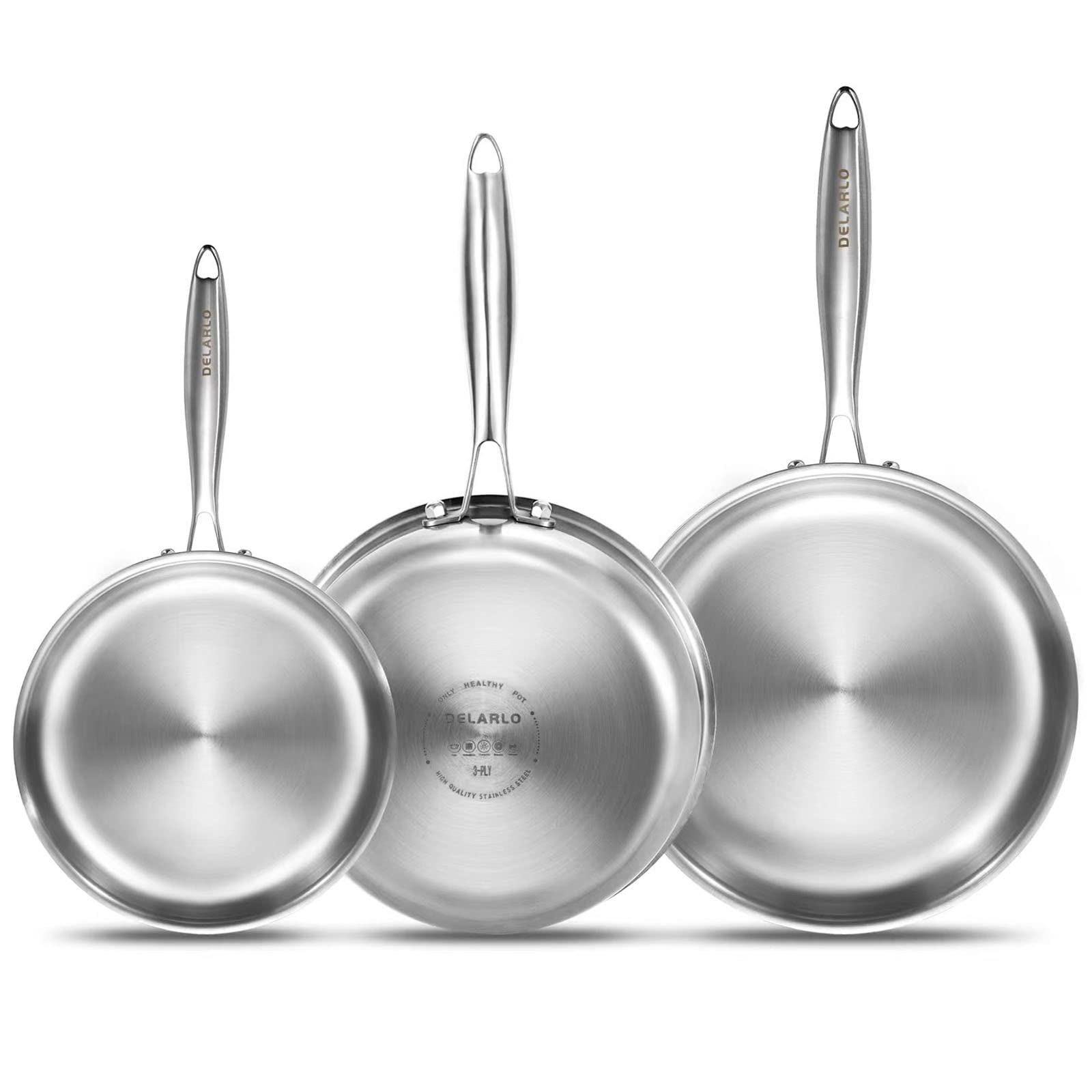 DELARLO Whole Body Tri-Ply Stainless Steel Frying Pan set, 8”/10”/12” Cooking pans, Kitchen Cookware Set, Fast Heating Chef's pan with Ergonomic Handles, Suitable for All Stove