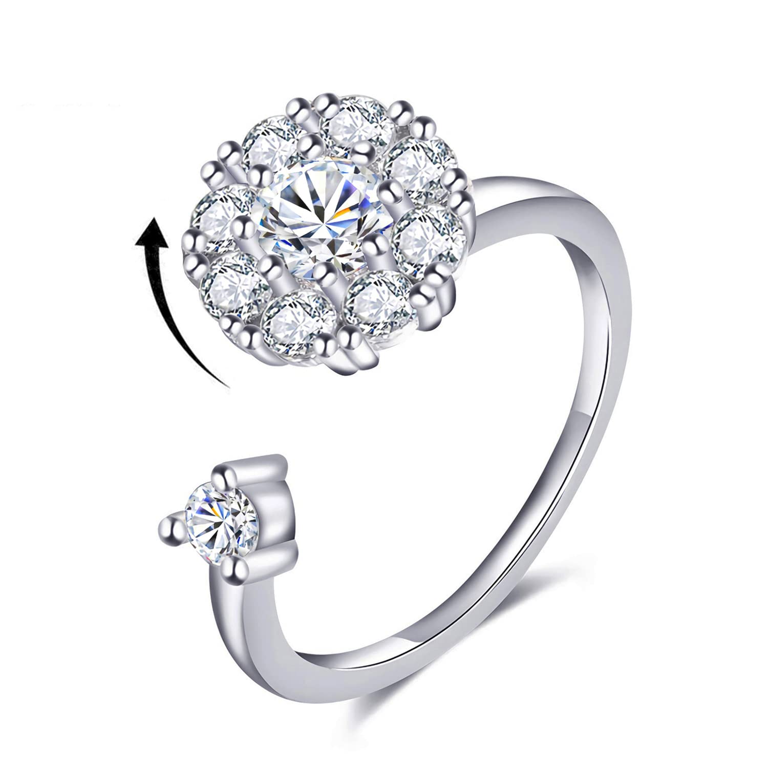 Bling Toman Womens Anxiety Ring 925 Sterling Silver Fidget Ring With Cubic Zircon Adjustable Stress Spinner Anxiety Ring for Women(Silver Band Ring)