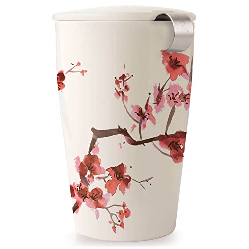 Tea Forte Kati Cup Cherry Blossoms, Ceramic Tea Infuser Cup with Infuser Basket and Lid for Steeping Loose Leaf Tea