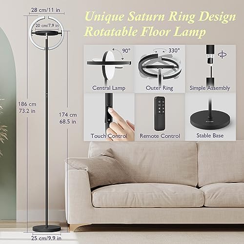 FIMEI Floor Lamp, Modern Bright Standing Lamp with Split Rotatable Outer Ring Light, 3 Color Temperature and Stepless Dimming, Remote/Touch Independent Control for Living Room Bed Room Office, Black