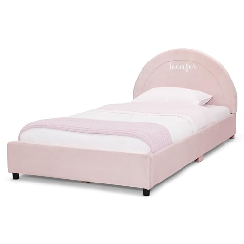 Delta Children Personalized Upholstered Twin Size Bed with Round Headboard, Premium Wood Slat Support, No Box Spring Needed, Easy Assembly, Pink/Velvet Piping