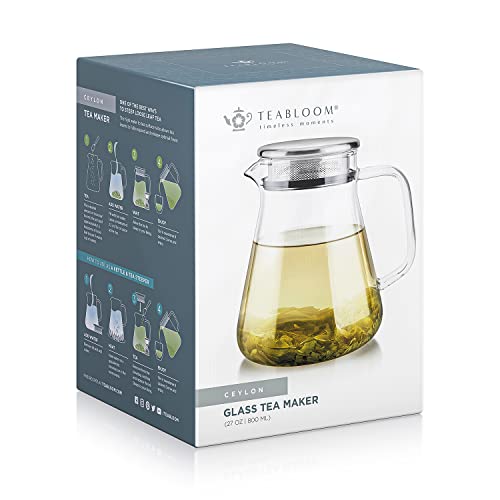 Teabloom One-Touch Tea Maker, 2-in-1 Kettle and Tea Steeper with Stainless Steel Filter Lid for Loose Tea – Heatproof Glass Teapot (27 Oz) – Tea Connoisseur's Choice