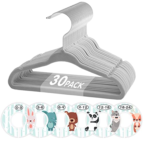 Kids Velvet Hangers, VIS'V 11 Inch Gray Non-Slip Baby Clothes Hangers with 6 Pcs Cute Clothing Dividers for Infant Toddler Boys & Girls Closet Organizer - 30 Pack