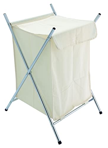Laundry Basket Hamper Washing Storage Bag, Folding Waterproof & Chrome Plated X-Frame, Clothes Organizer Durable for Bathroom Home by Madison Products, Chrome, Beige, 16'' W x 28'' H 19'' D (MH15000)