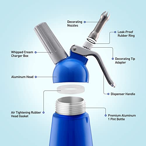GreatWhip Whipped Cream Aluminum Dispenser Highly Durable Whip Cream Maker 500ml /1 Pint Large Capacity Cream Whipper with 3 Stainless Steel Nozzles & Cleaning Brush (White)