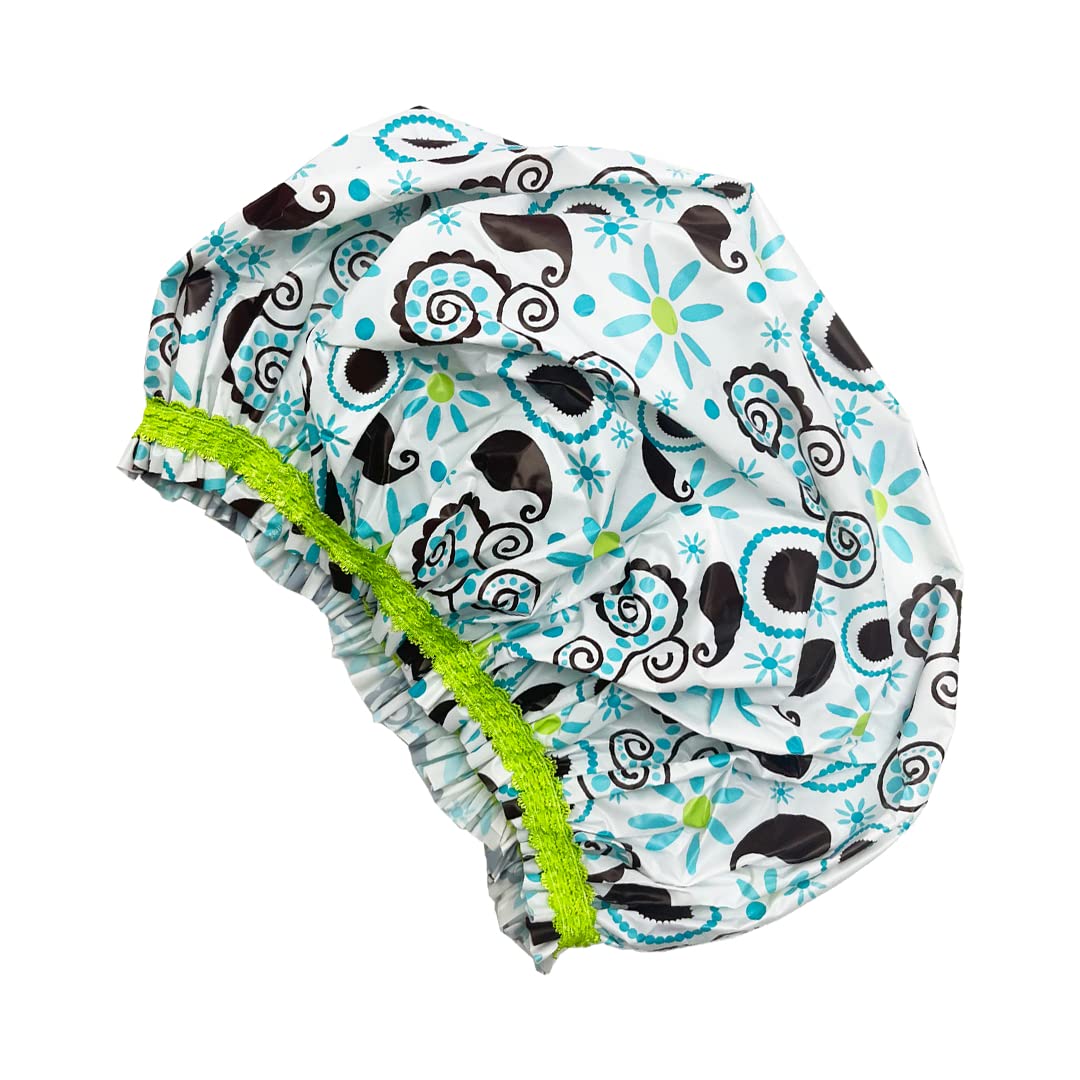 Reusable Vinyl Shower Cap & Bath Cap, Frosted PEVA Elastic Stretch Hem. Waterproof Stretchy Hair Cap for all Hair Lengths - Hipster Hippie Chick For Women