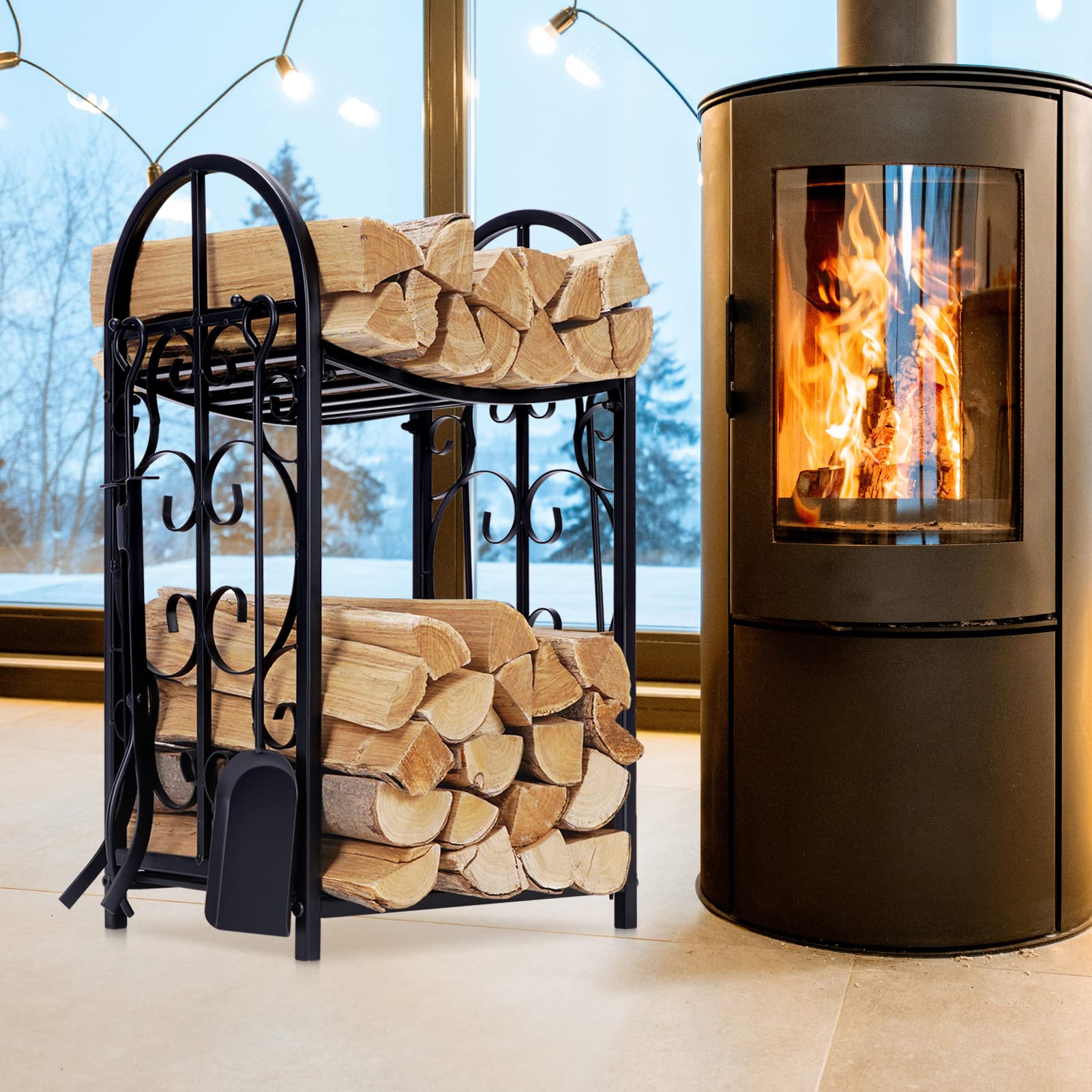 Sturdy Firewood Rack Fireplace Tools Set with 4 Fireplace Accessories Brush Shovel Poker Tong, Vertical Design 2 Shelves Log Storage Rack Holder, Holds a Great Amount of Wood Fireside Logs