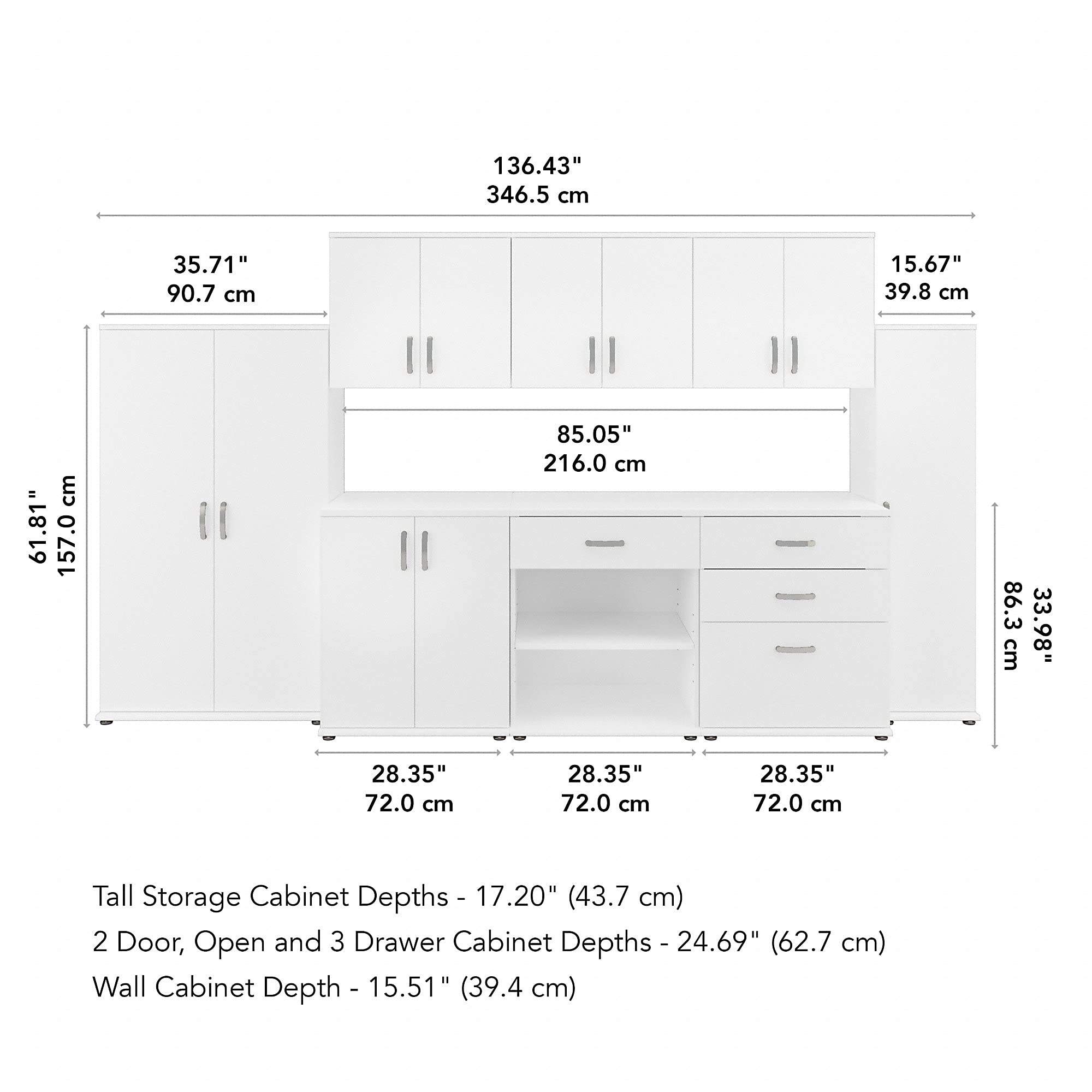 Bush Business Furniture Universal 8 Piece Modular Closet Storage Set with Floor and Wall Cabinets, White