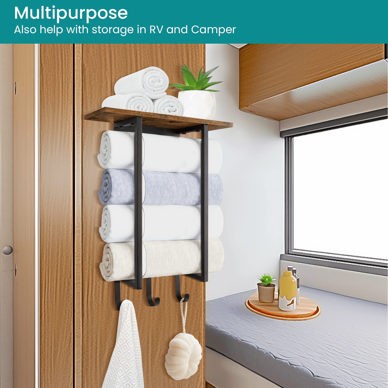 ELITEROO Towel Racks for Bathroom Wall Mounted, Towel Holder with Wooden Shelf and 3 Hooks for Washcloths Hand Towel, Bath Towel Storage Organizer for Small Bathroom, RV, Rustic Brown
