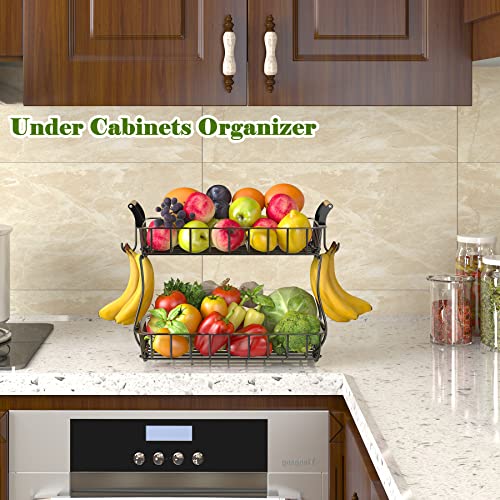 OKZEST 2 Tier Fruit Basket with 2 Banana Hangers, Vegetable Fruit Basket Bowl for Kitchen Countertop, Metal Fruit Storage Stand Holder Organizer for Bread Snack Potato Onion Produce