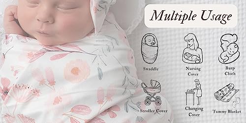 Terriboo Newborn Receiving Blanket and Headband Set Flower Print Baby Swaddle Wrap Floral (Pink 2)