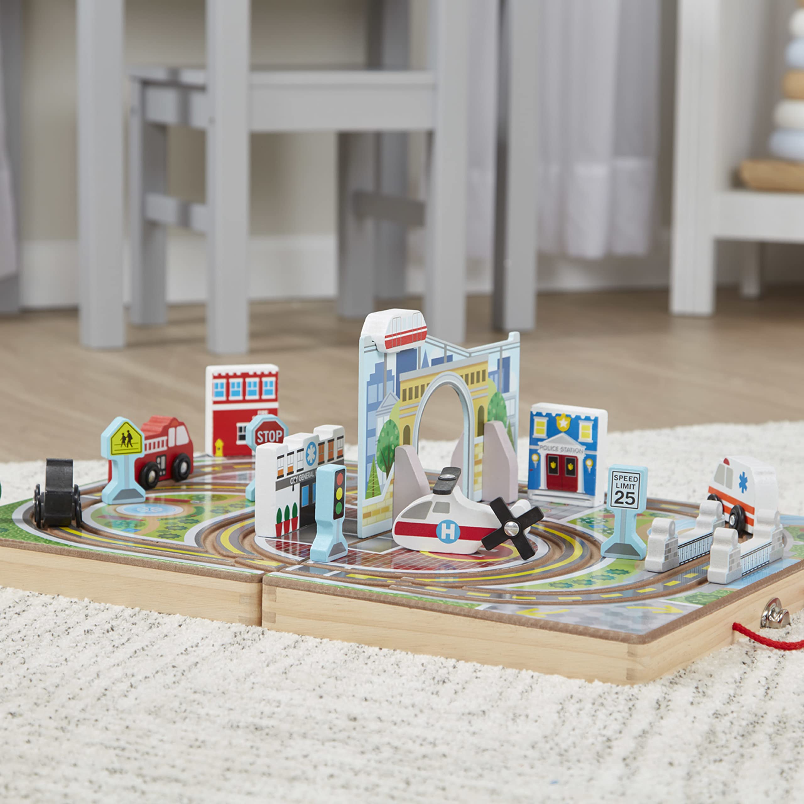 Melissa & Doug 18-Piece Wooden Take-Along Tabletop Town, 4 Rescue Vehicles, Play Pieces, Bridge , 15.4 x 11.0 x 2.6