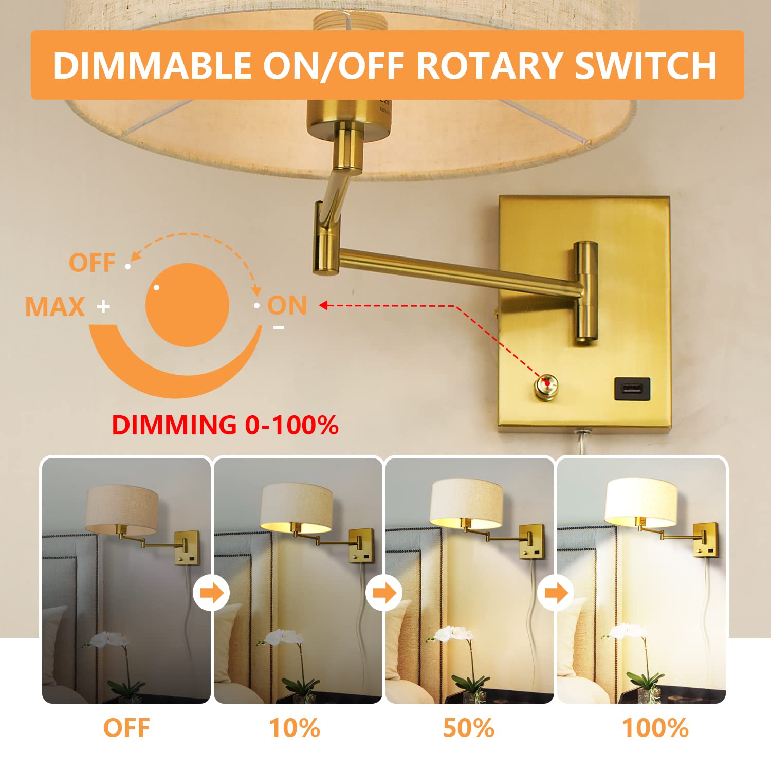 beatineon Elegant Antique Bronze Wall Sconces Set of Two - Dimmable, Swing Arm Lights for Bedroom with On/Off Dimmer Rotary Switch - Plug in or Hardwired Sackcloth Shade Wall Lamp with 6ft Cord
