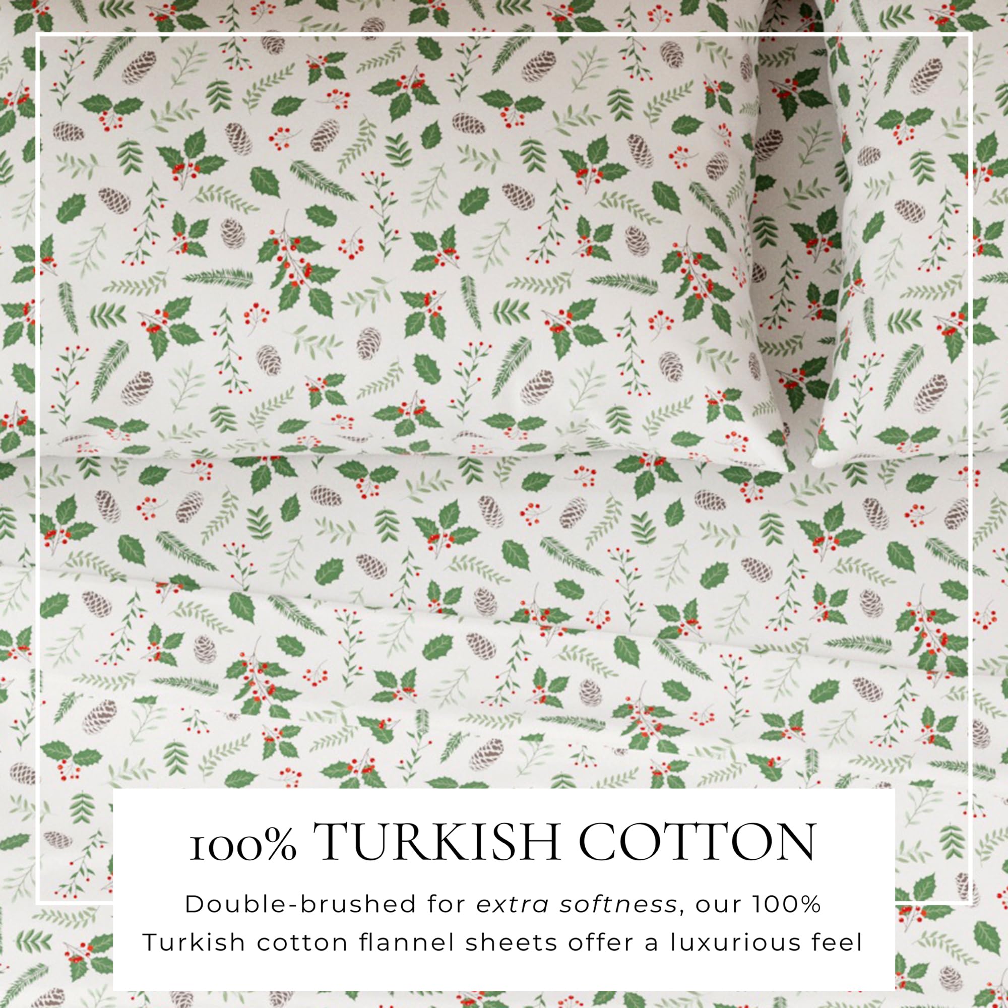 Great Bay Home Flannel Sheet Set King Size - 100% Turkish Cotton, Double-Brushed, Printed Bed Sheets - Ultra-Soft, Cozy, 4-Piece Bedding Set (Little Holly)