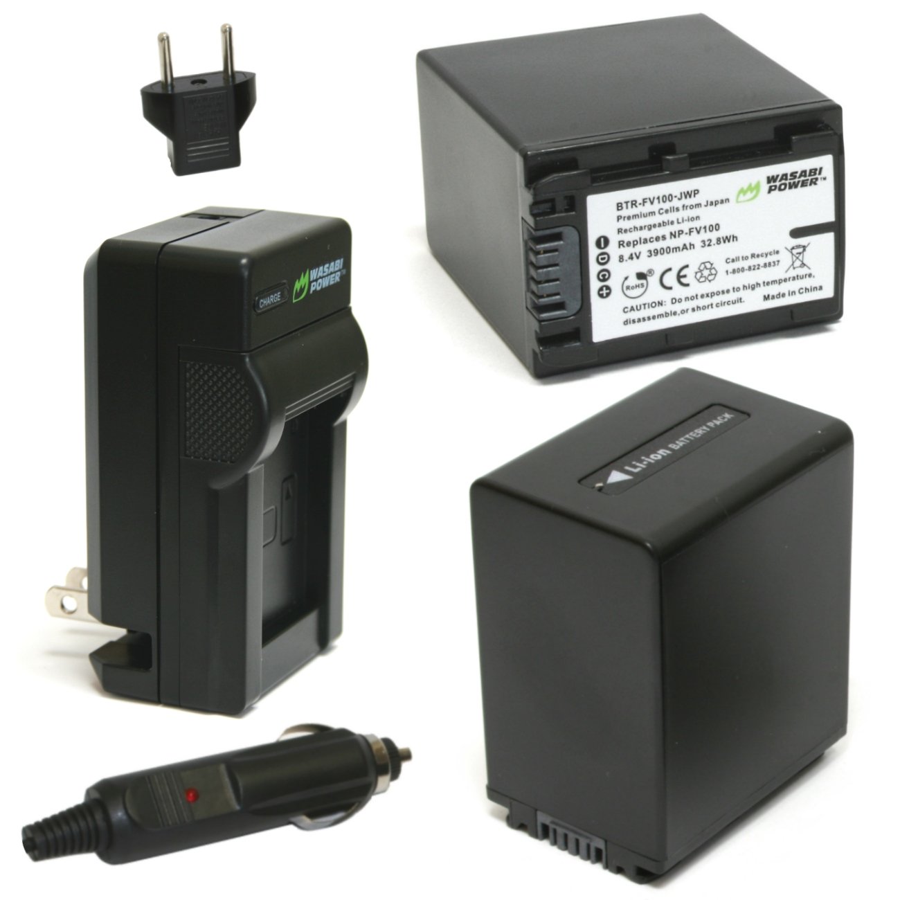 Wasabi Power Battery (2-Pack) and Charger for Sony NP-FV100 and Sony DCR-SR15, SR21, SR68, SR88, SX15, SX21, SX44, SX45, SX63, SX65, SX83, SX85, FDR-AX100, HDR-CX105, CX110, CX115, CX130, CX150, CX155, CX160, CX190, CX200, CX210, CX220, CX230, CX260V, CX2