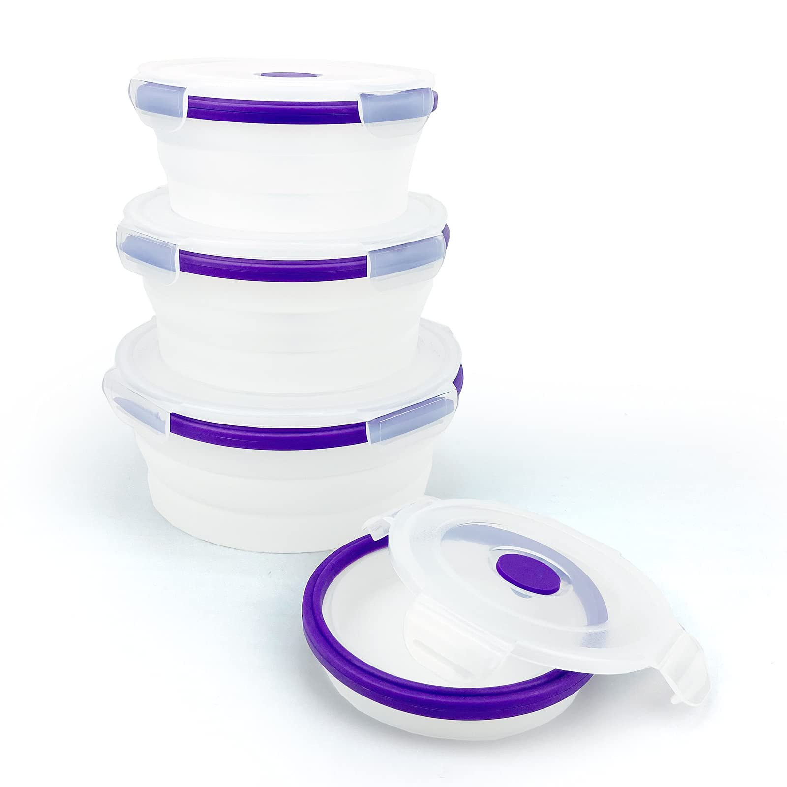 CCyanzi Round Silicone Food Grade Lunch Containers, Collapsible Bowl with lids | Space Saving | Leakproof | Microwave Freezer Safe | Silicone Food Conatiners for Sandwich, Snacks,Purple