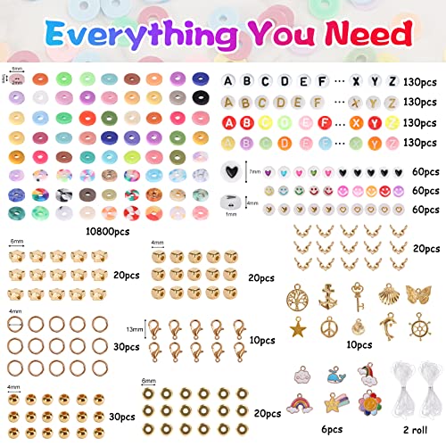 QUEFE 10800pcs Clay Beads Kit for Bracelet Making 72 Colors Flat Round Polymer Clay Beads Spacer Heishi Beads Jewelry Making with Pendant Charms Kit Letter Beads Elastic Strings