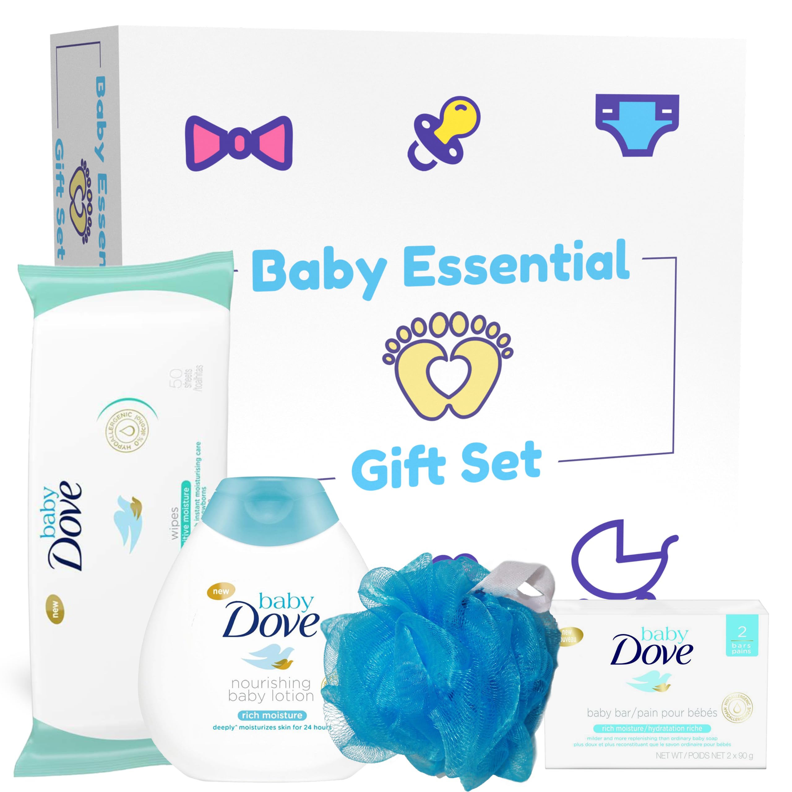 Dove Baby Baby Gift Set with Baby Lotion, Baby Shampoo, Baby Bar Soap and Baby Wipes With Baby Bath Poof, Daily Care Newborn Baby Essentials Set, 4 Piece Gift Set