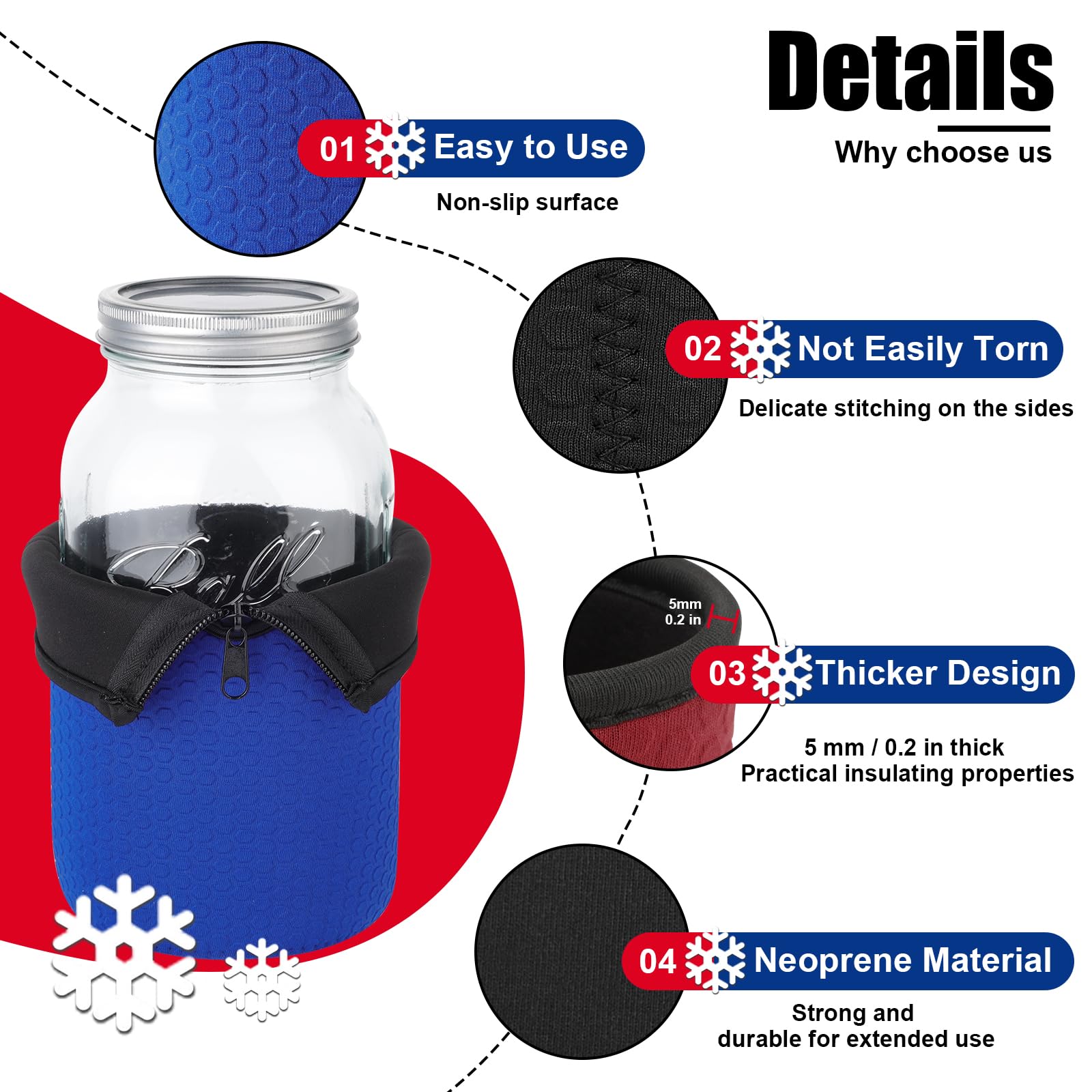 Desing Wish 64 oz Wide Mouth Mason Jar Neoprene Sleeve, 64oz Non-slip Cozy Insulated Glass Jars Protector Holder Sleeves 4.3 x 7.5 Inches - 4 Pack (Black/Red/Blue/Cyan)