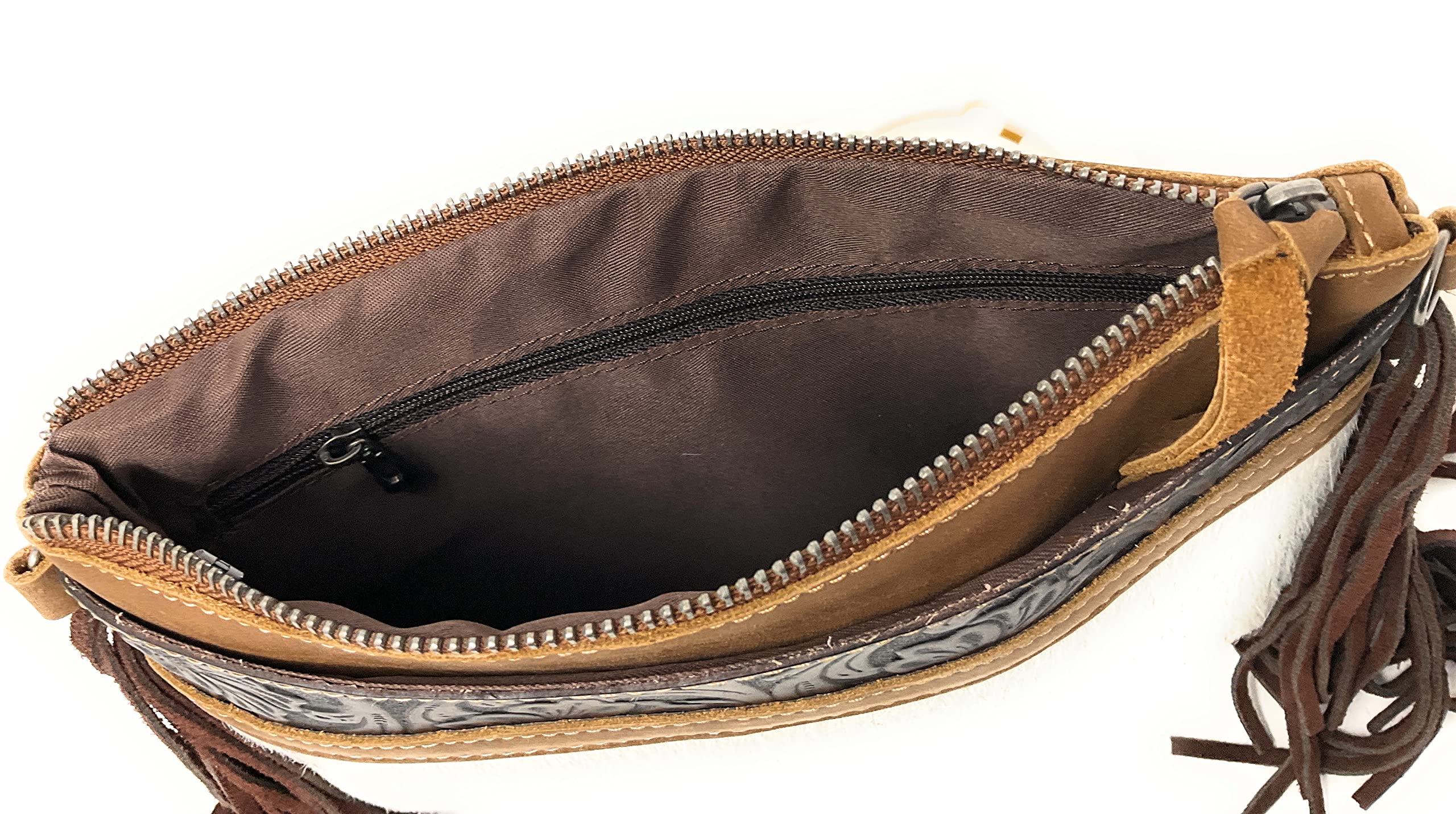 Western Genuine Tool Leather Cowhide Fur Fringe Womens Crossbody Bag in 3 Colors (Brown)