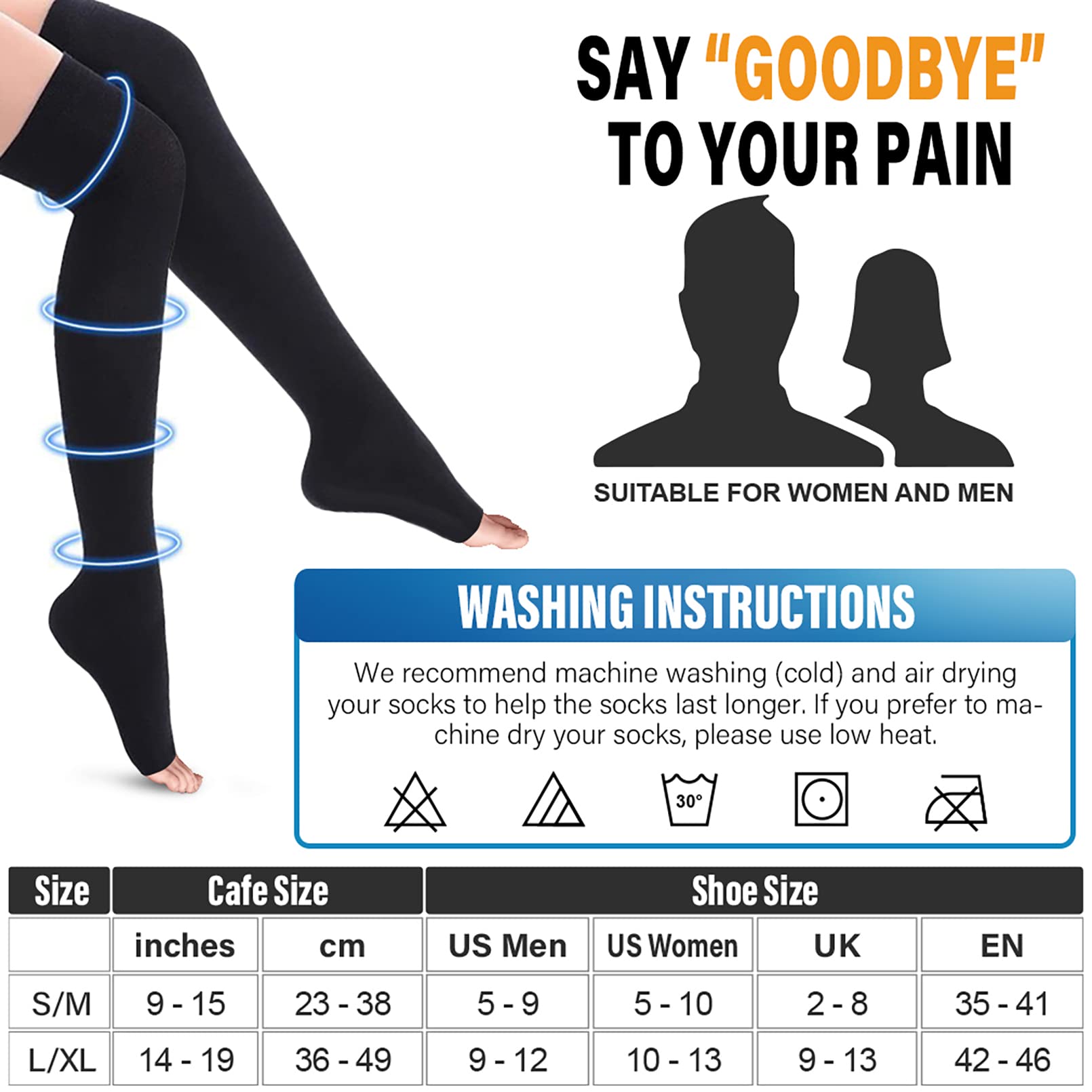 CHARMKING Compression Socks (3 Pairs) Open Toe Knee High Compression Sock for Women & Men Stockings for Running, Cycling,Athletic (02 Black/White/Beige, S/M)