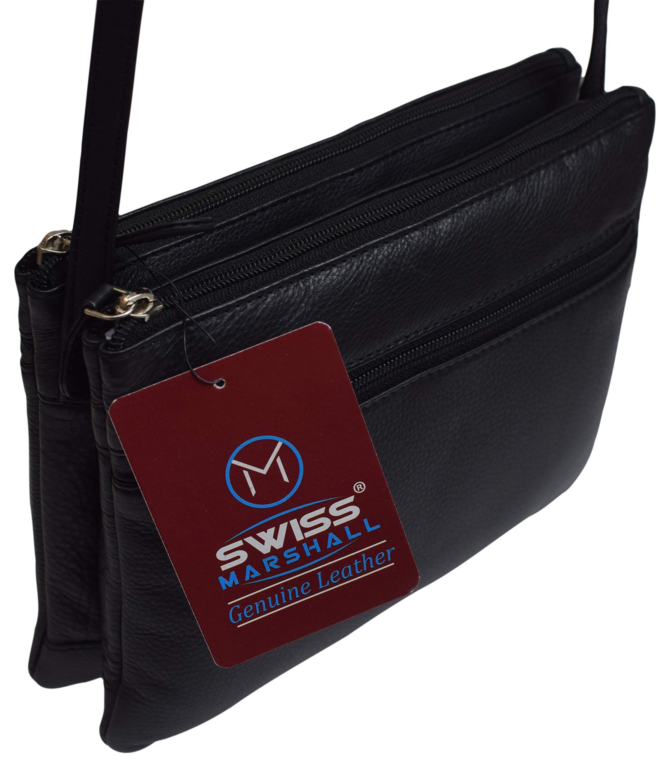 Swiss Marshal Genuine Leather Womens Purse Double Zipper Top Pockets Crossbody Shoulder Bag for Ladies (Black)