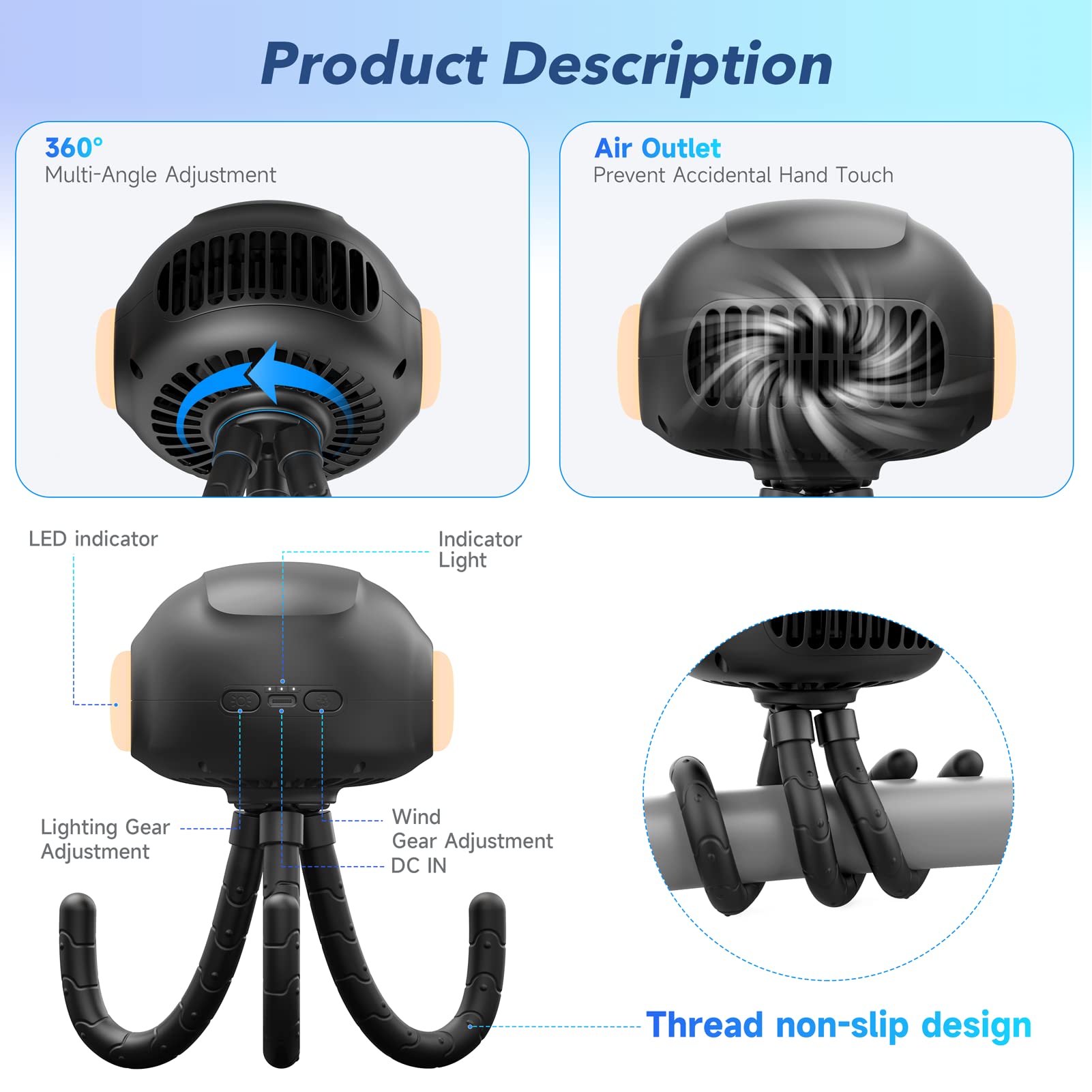 Inverter Table Fans With LED Lights|USB Fans Rechargeable 4000mAh Portable Robot Flexible Tripod Clip |4 Speeds 360°Adjustment, for Baby Stroller, Bedside, Desktop|Where You Can Stand and Hang (Black)