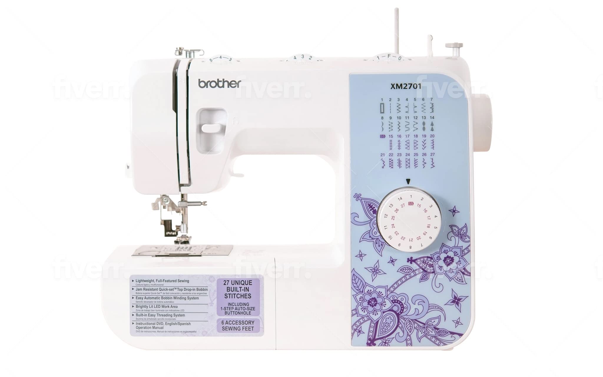 Brother Sewing Machine Bundle XM2701+, 27 Stitch Applications, 63 Stitch Functions, Simple, Portable, Great for Beginners, Top Drop-In Bobbin, 5 heavy duty needles, Kwalicable Cleaning Cloth