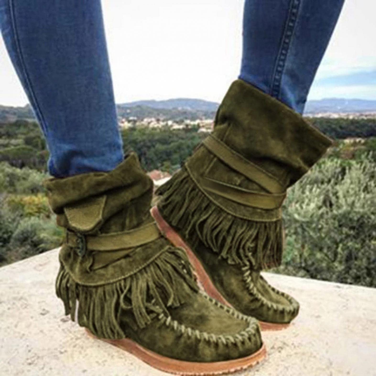 Boots for Women Ankle Booties Women’s Fashion Buckle Ankle Booties Leather Double Strap Fringe Motorcycle Boots Round-Toe/Rubber Lug Sole