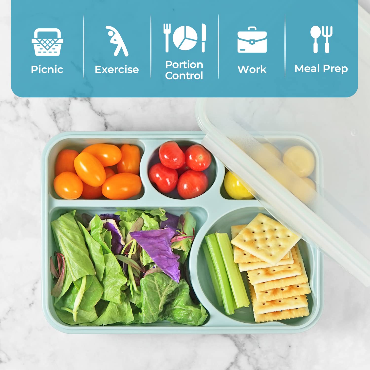 carrotez Portion Control Plate, Microwave Food Storage Tray, 5 Compartment Divided Plate with Lid, Top Rack Dishwasher Safe, BPA Free