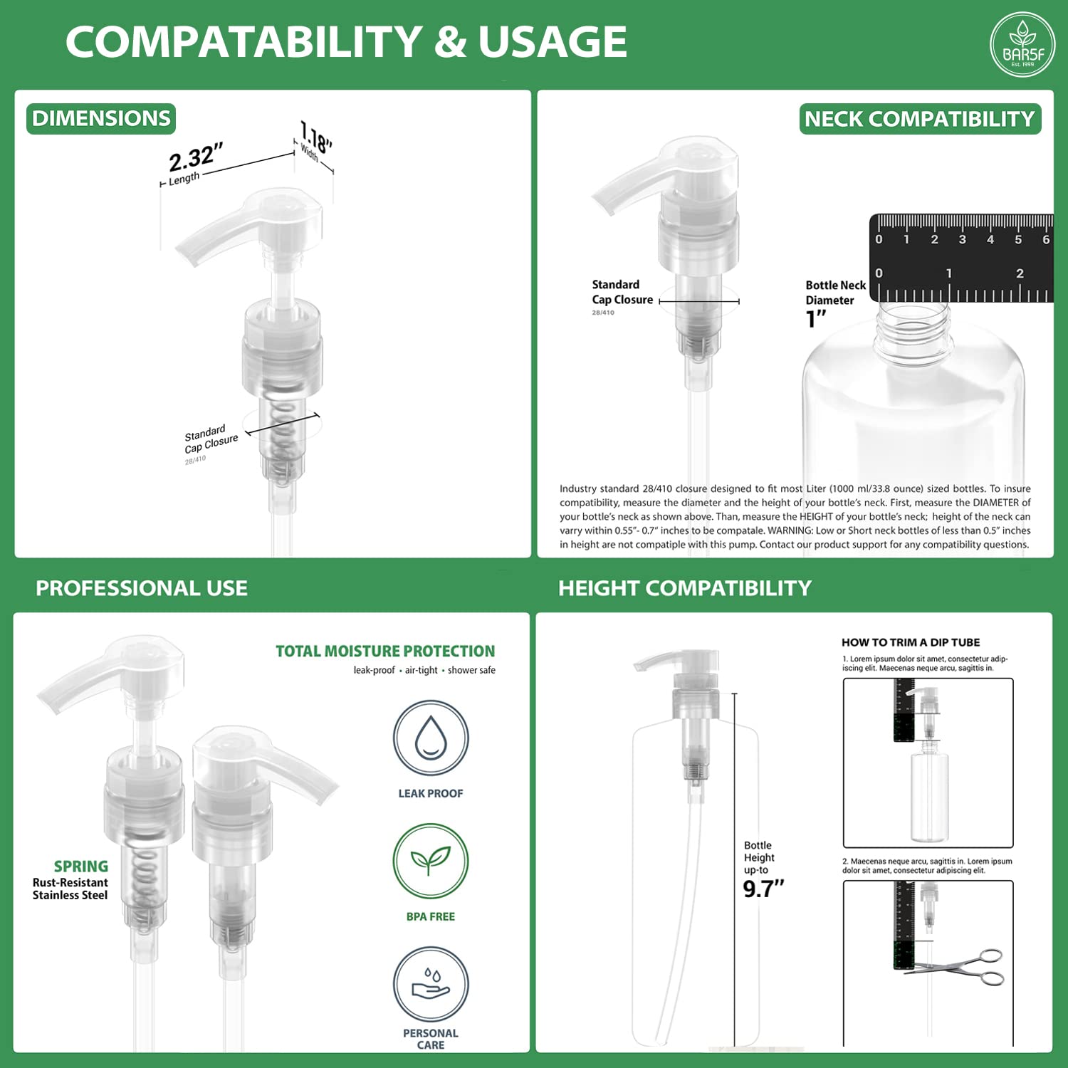 Bar5F Universal Shampoo/Conditioner Dispenser Pump for 1 Liter (33.8 Oz) Bottles - Natural Clear, Pack of 2