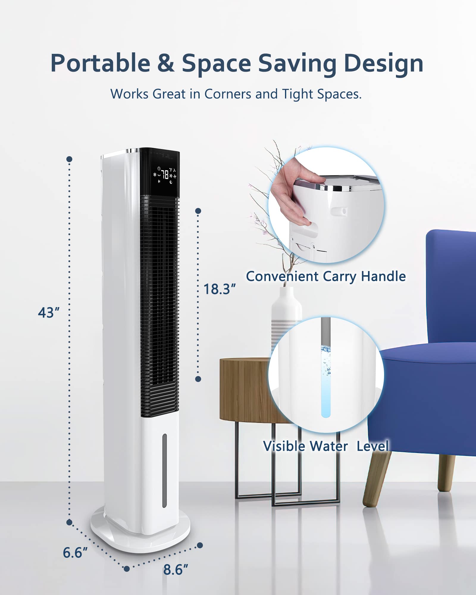 Sunday Living Evaporative Air Cooler, 42 Inch Tower Fan w/Cooling & Humidification, Swamp Fan with Remote Control, 1.3 Gallon Water Tank, 3 Speed & 3 Mode Setting, 12 Hour Timer