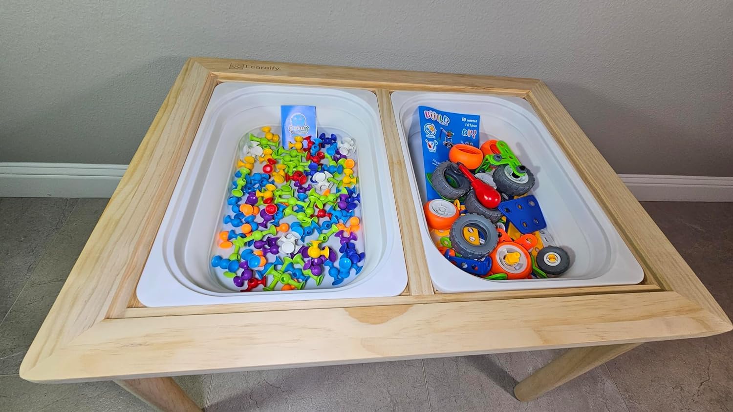 Flip and Fun Real Wood Interactive Imagination Discovery and Sensory Activity Table for Kids with Reversible White and Black Tops comes with Adjustable Storage Bin Tubs for Preferred Items