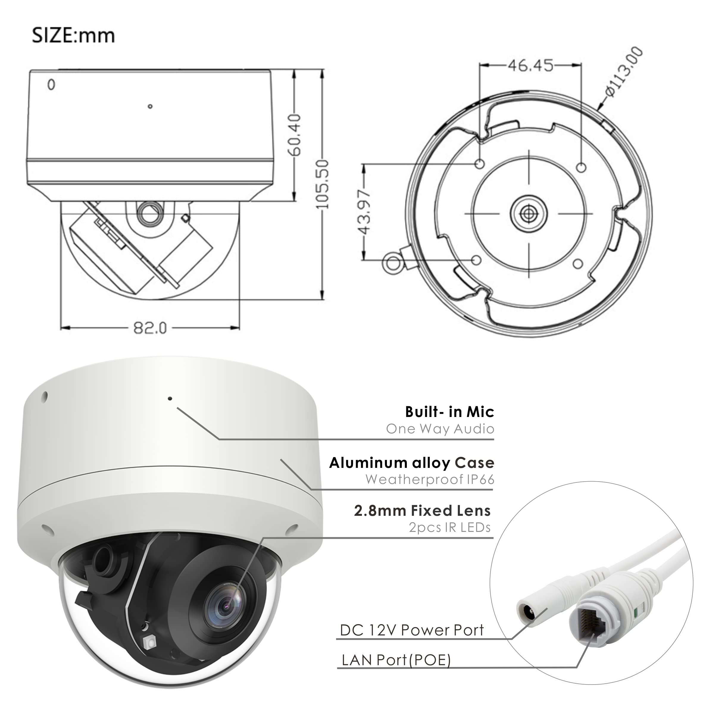 Inwerang 5MP 2.5'' PoE PTZ IP Camera with Mic/Audio, IP Dome Security Camera Outdoor, Waterproof IP66, 2.8mm Lens, 60ft IR Night Vision, Pan 0~355° Tilt 0~90°