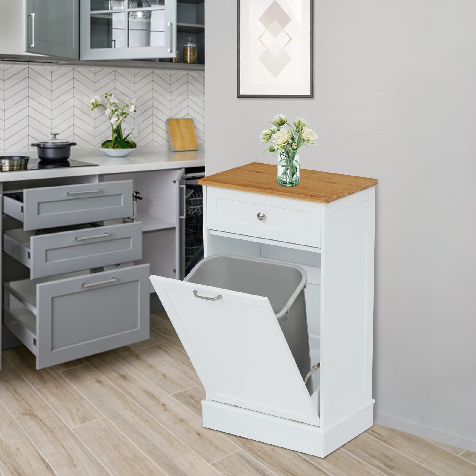 KINBOR BABY Recycling Tilt Out Trash Cabinet - Trash Bin Cabinet for Kitchen with Drawer and Removable Bamboo Cutting Board, White