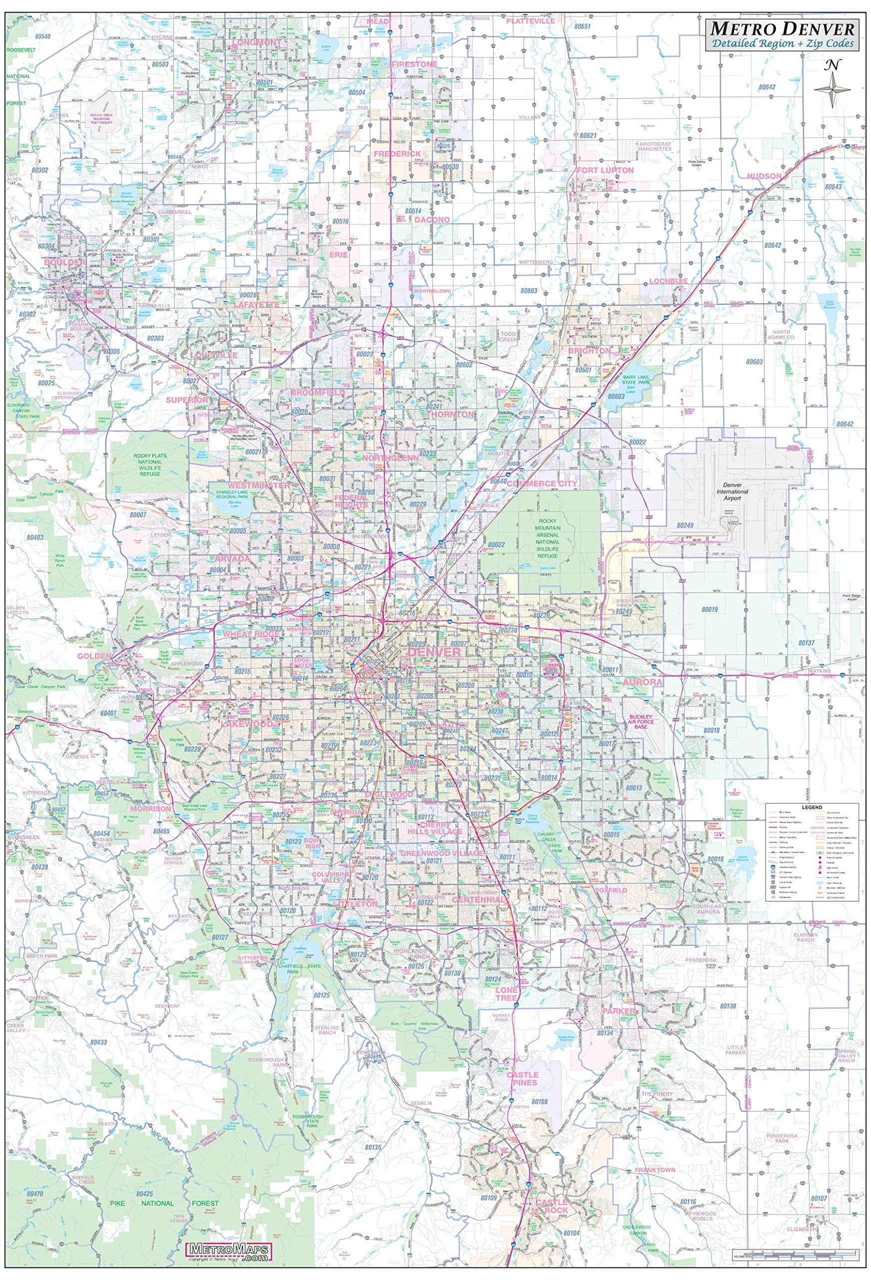 Metro Denver CO Detailed Region Wall Map w/Zip Codes *Laminated* 36"x52"