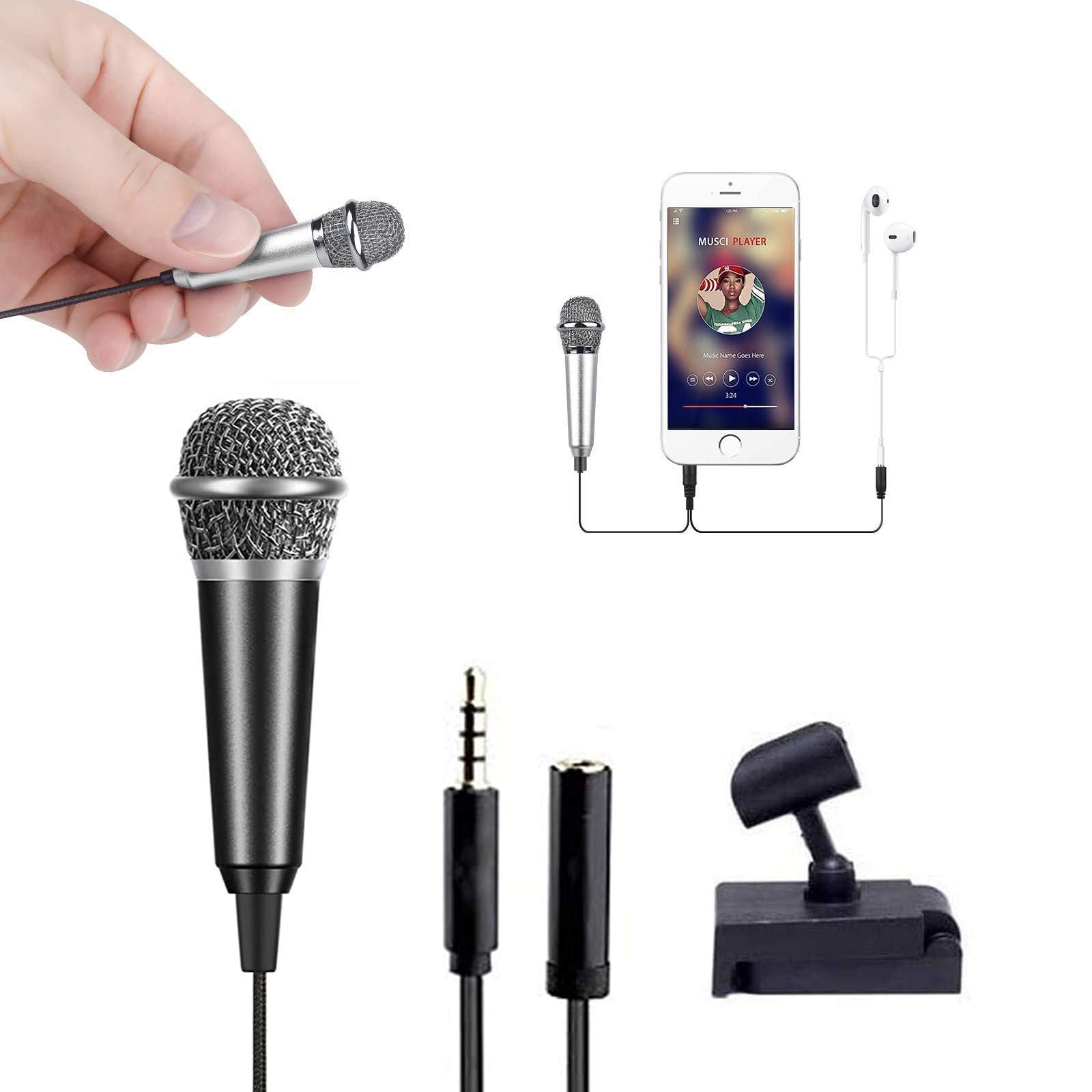 Bargainpop Mini Portable Vocal/Instrument Microphone for Mobile Phone Cell Phone Laptop Notebook Apple iPhone Android Smartphone with Sponge Cover and Stand Holder (Black)