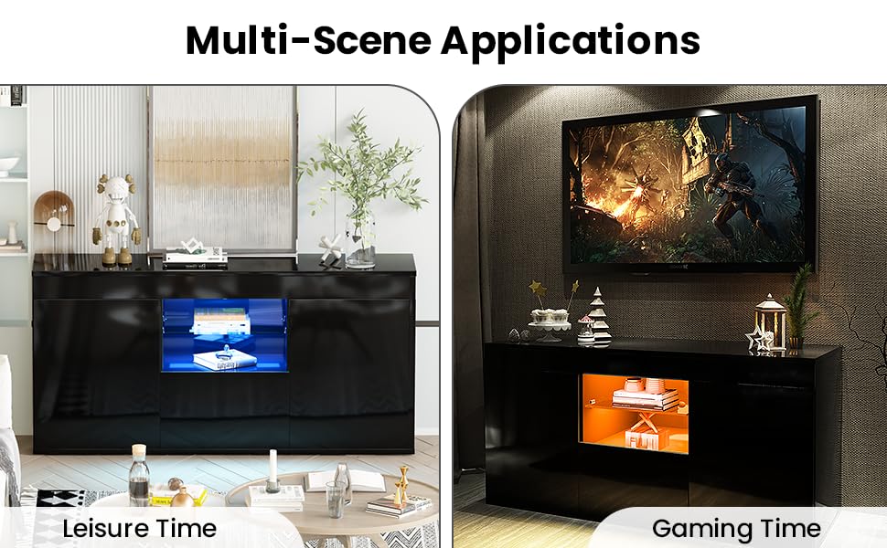 Lamerge Sideboard Buffet Cabinet,Led TV Stand with Storage,High Glossy Panel, UV Coated,TV Table,Kitchen Cabinet, Bar Cabinet. 53.1" L×13" W×28" H,Black