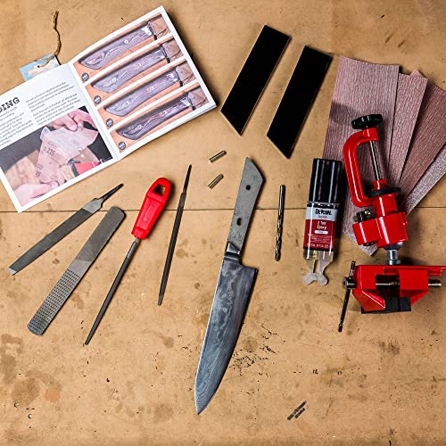 Chef Knife Making Kit β Featuring VG-10 Damascus Steel, Stylish Micarta Handles, Rasps, Files, Portable Bench Vise & More β Includes Step-by-Step Knife Making Guide