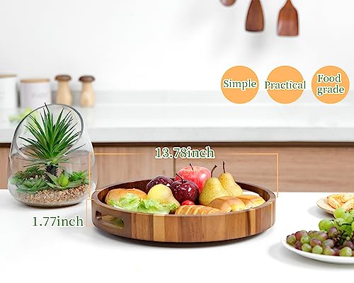 Lazy Susan Wooden Round Tray with Built-in Handles, Farmhouse Wood Serving Tray with Rotating System, Multifunctional Organizer Tray for Home Decorations Bath Vanity Tray Kitchen Counter Ottoman Tray