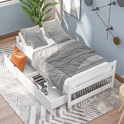 Heliosphere Twin Size Solid Wood Daybed with 2 Storage Drawers, Due Use Sofa Bed with Sturdy Wooden Slat Support, No Box Spring Needed for Boys Girls Teens Adults Guest, Easy Assemble (White)