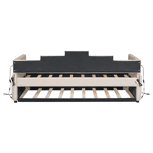 DEYOBED Twin Size Upholstered Daybed with Trundle, Light and 2 USB Ports, Twin Day Bed Sofa Bed Frame for Bedroom Living Room Guestroom, No Box Spring Needed, Beige