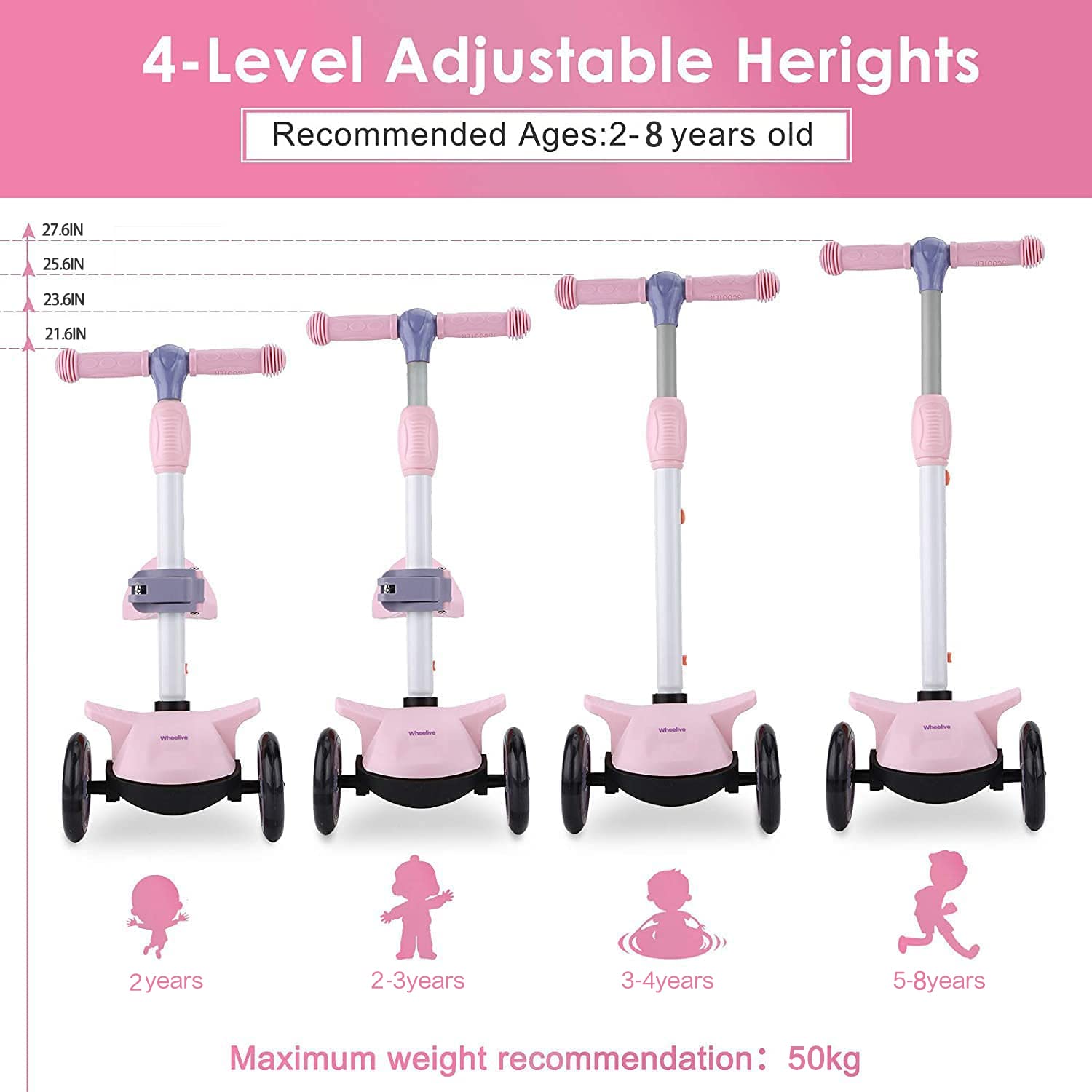 Wheelive 2 in 1 Kick Scooter with Removable Seat, 3 LED Wheels Kick Scooter for Kids, 4 Adjustable Height & Foldable Design Toddler Scooters Sit or Stand Ride for Boys & Girls 2-8 Years Old (Pink）