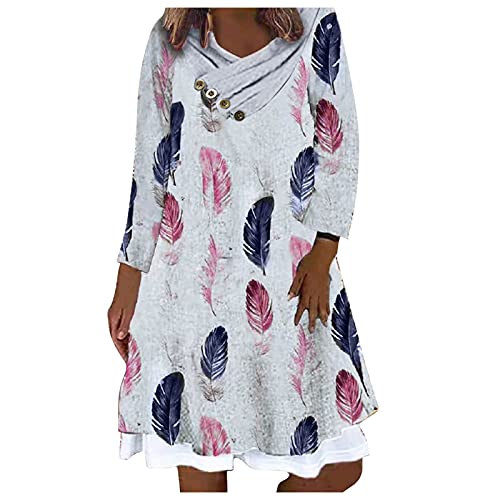 Button Cross V Neck Swing Dress for Women Pattern Printed Loose Flowy Dress Patchwork Feather Printed Dress White